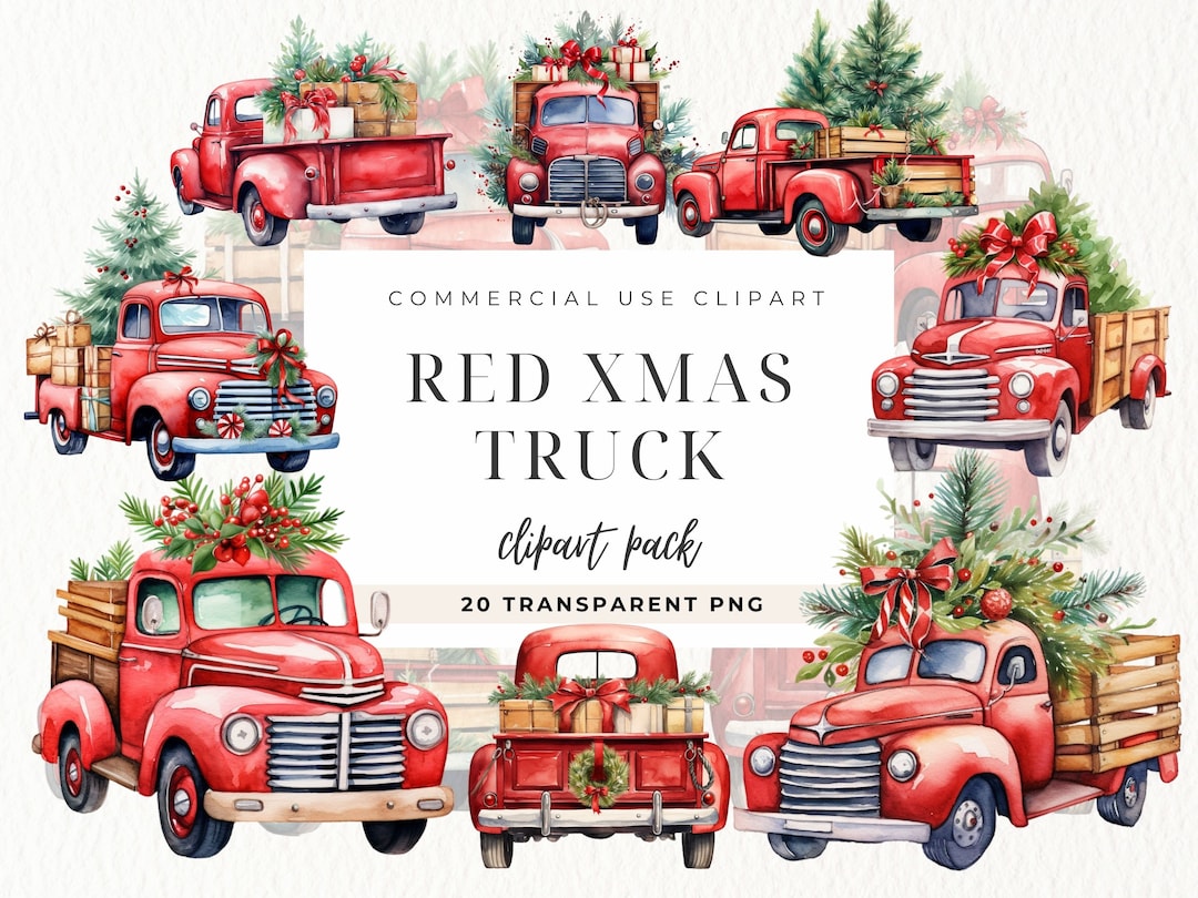 Watercolor Christmas Truck Clipart, Vintage Truck, New Year Decoration ...
