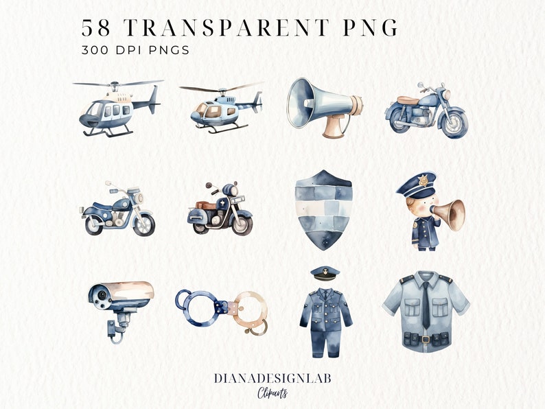Watercolor Police Clipart, Police Station, Animals Vehicles, Cute ...