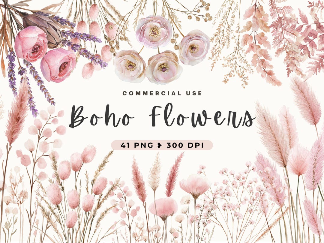 Pink Boho Dried Flowers Clipart, Pampas Grass, Watercolor Fall, Digital ...