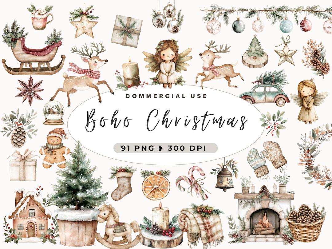 Rustic Christmas Clipart, Boho Xmas, Watercolor Holiday, Xmas Trees ...