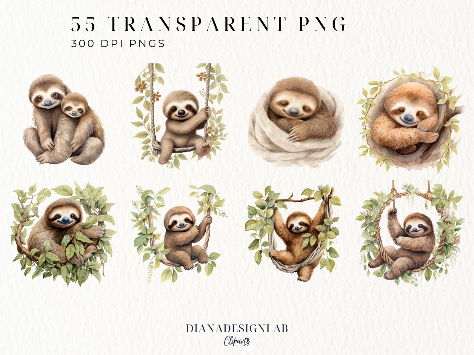 Sloth Clipart, Watercolor Baby Sloth, Realistic Art, Mother and Son ...
