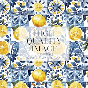 Mediterranean Tiles Seamless, Blue and White, Lemon, Bougainvillea ...