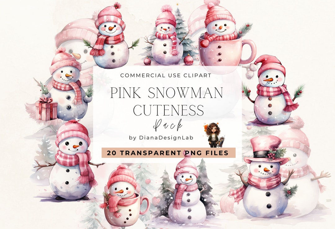 Cute Pink Watercolor Snowman Clipart, Winter Clipart, Cute Christmas ...