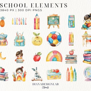 School Supply Clipart Watercolor, Elementary School, Supply, Back to ...