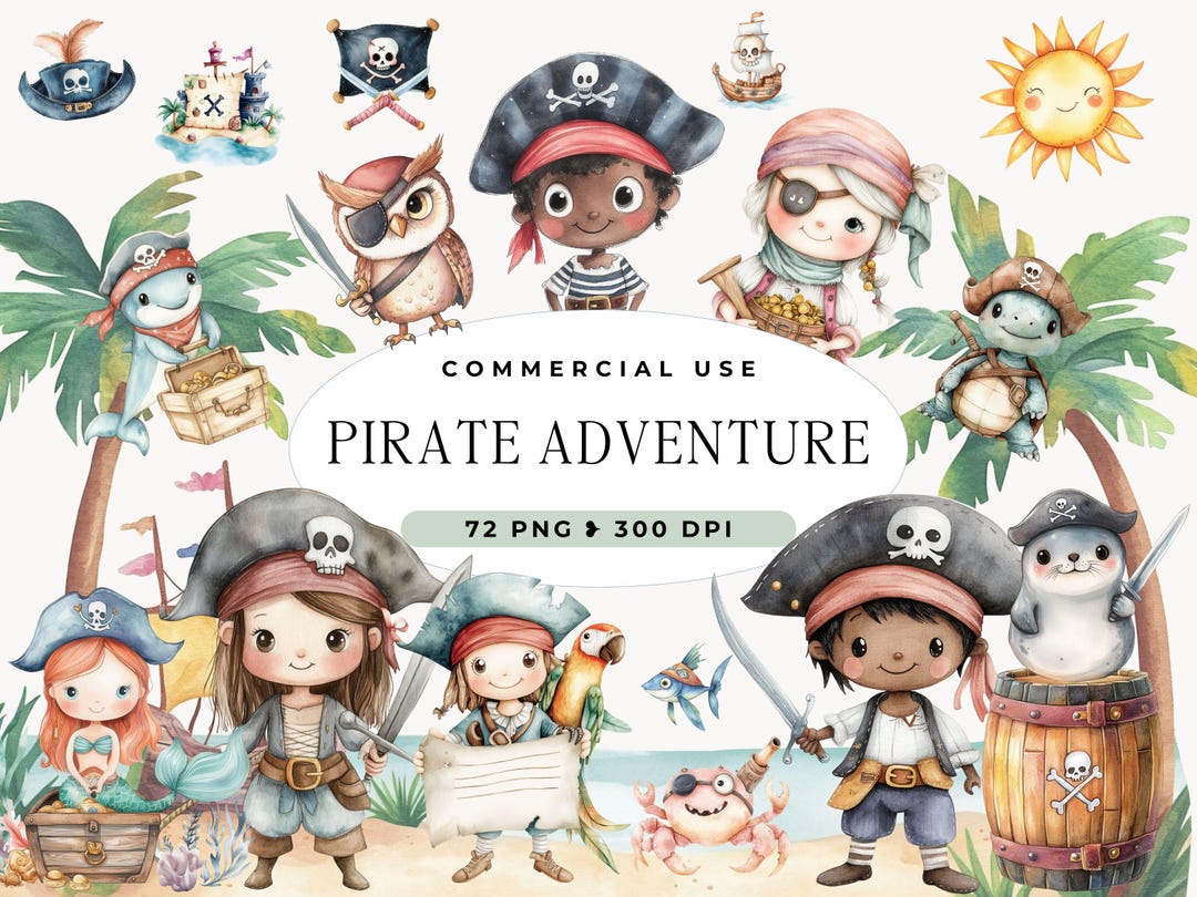 Cute Pirate Clipart, Watercolor PNG for Kids, Birthday Party Art ...