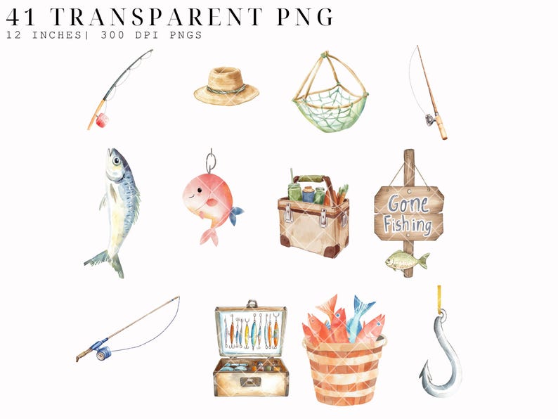 Gone Fishing Clipart, Fishing Tackle Watercolor Clip Art, Fishing Rod ...