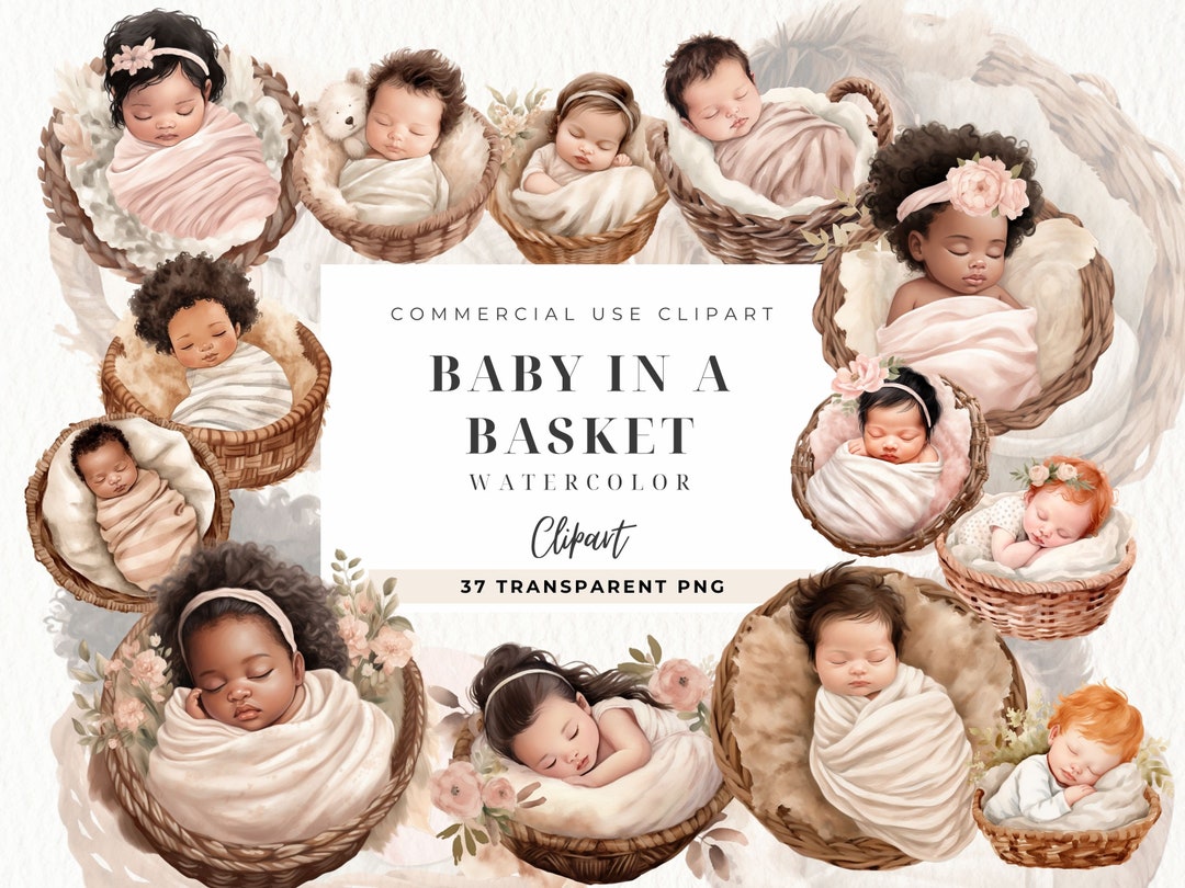Baby in a Basket Clipart, Baby Girl Boy Clip Art, Commercial Use ...