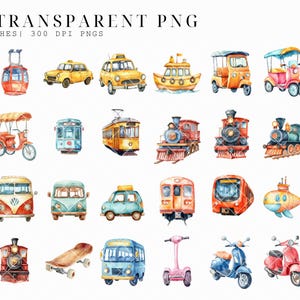 Watercolor Transportation Clipart, Cute Kids Vehicles PNG Bundle, Cars ...