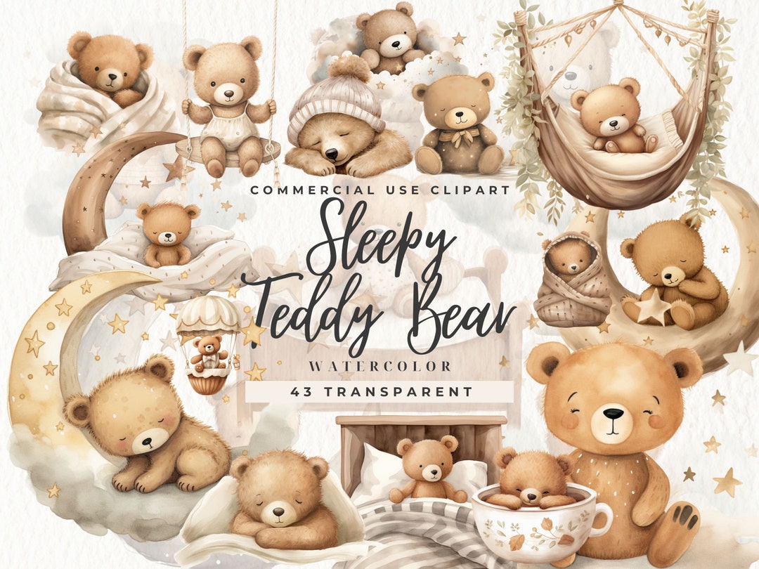 Watercolor Sleepy Teddy Bear Clipart, Baby Shower Clip Art, Boho Cute ...