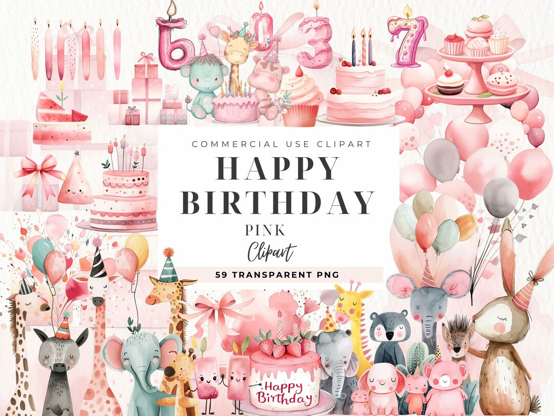 Watercolor Birthday Party Cake Present Balloons Clipart Bundle, Happy ...