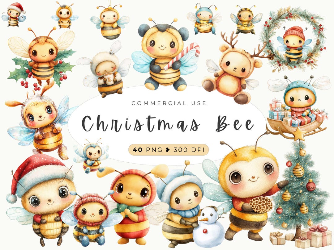 Christmas Bee Clipart, Xmas Honey Bee, Junk Journal, Digital Images ...