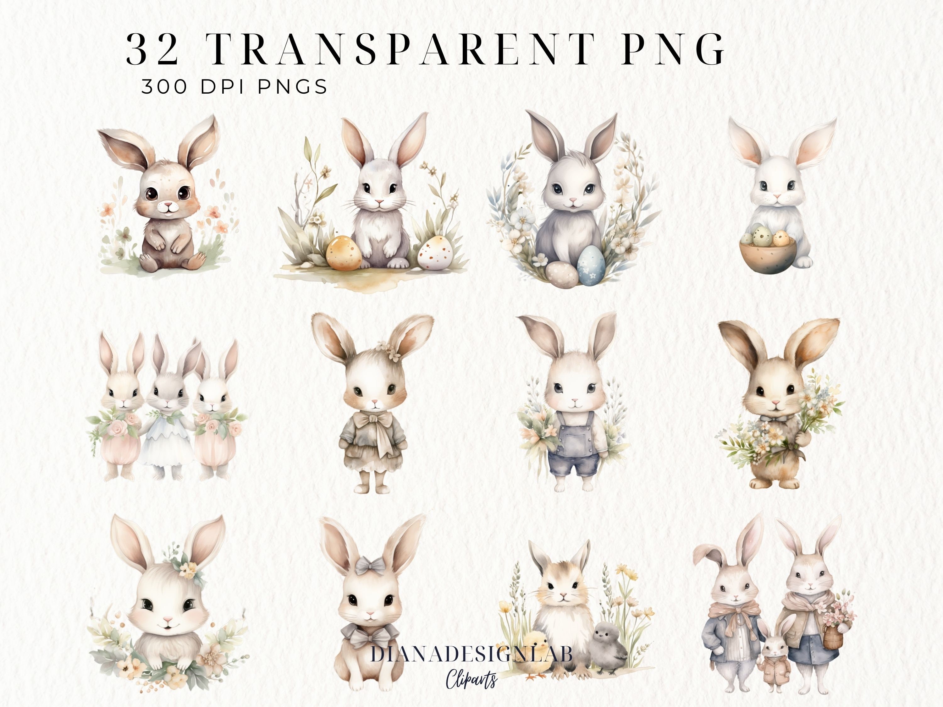 Watercolor Easter Bunny Clipart, Spring Clip Art, Holiday Cards, Easter ...