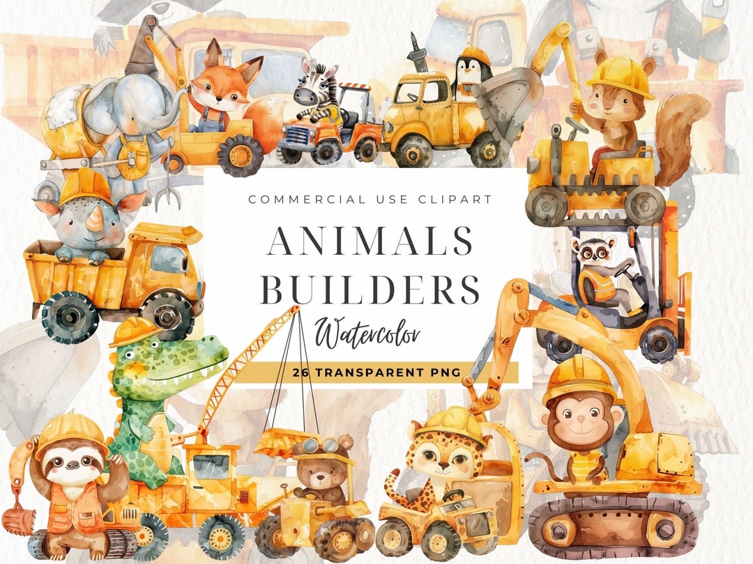 Construction Animals Clipart, Watercolor Safari Truck Clip Art ...