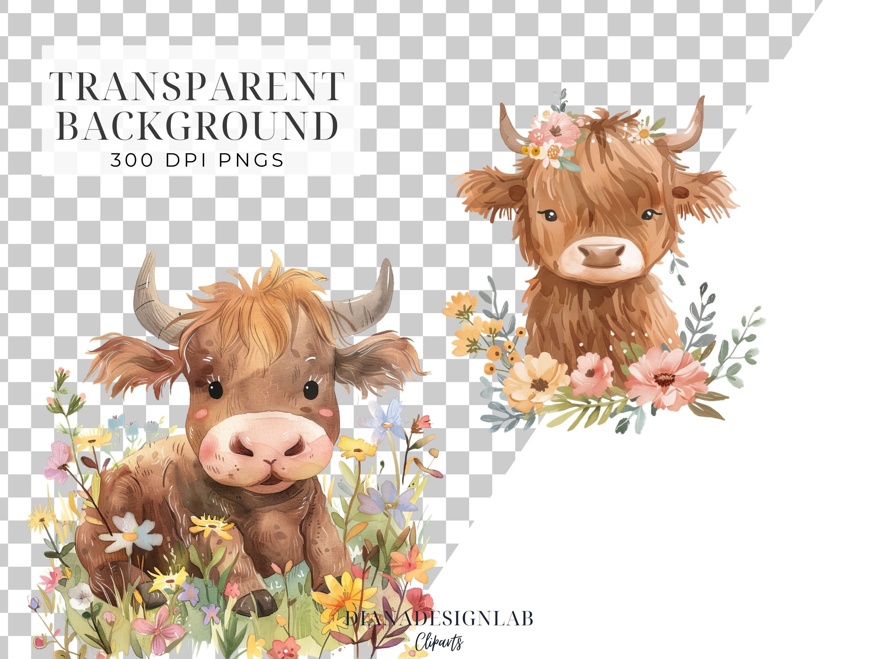 Baby Highlander Cows in Flowers Clipart, Highland Cow Sublimation ...