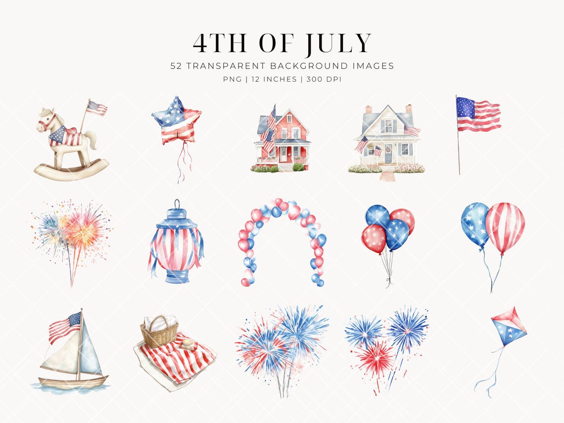 4th of July Clipart, Watercolor Independence Day Graphics, Patriotic ...