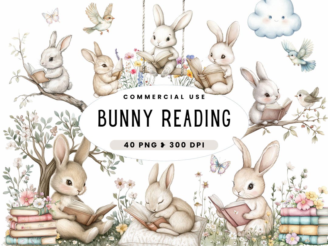 Bunny Reading Clipart, Cute Rabbit PNG, Digital Download for Crafting ...