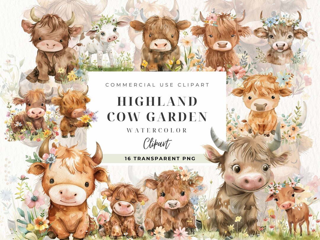 Baby Highlander Cows in Flowers Clipart, Highland Cow Sublimation ...
