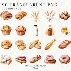 Watercolor Bakery Shop Clipart, Bread Baguettes French Croissants ...