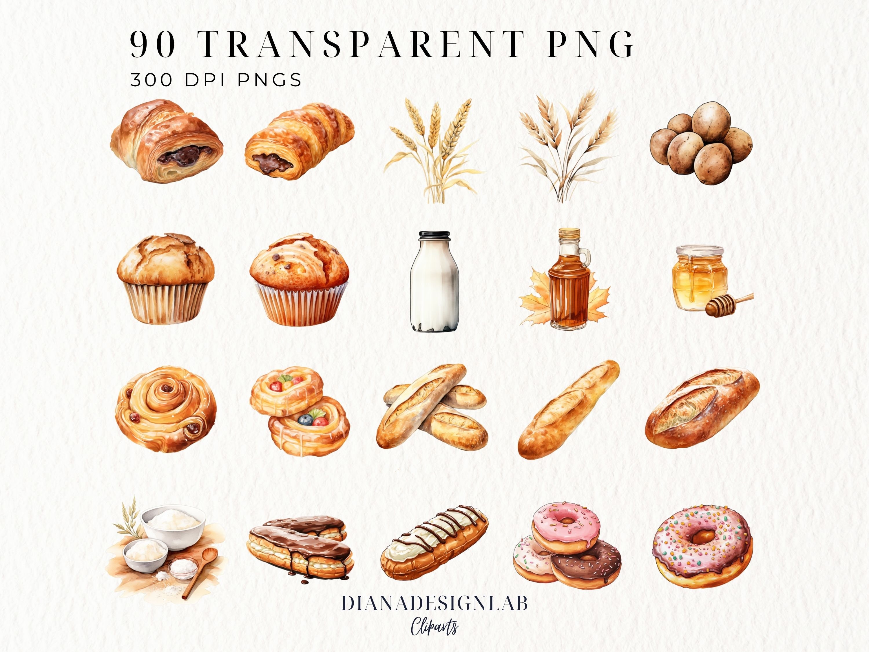 Watercolor Bakery Shop Clipart, Bread Baguettes French Croissants ...