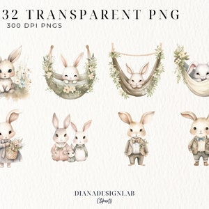 Watercolor Easter Bunny Clipart, Spring Clip Art, Holiday Cards, Easter ...