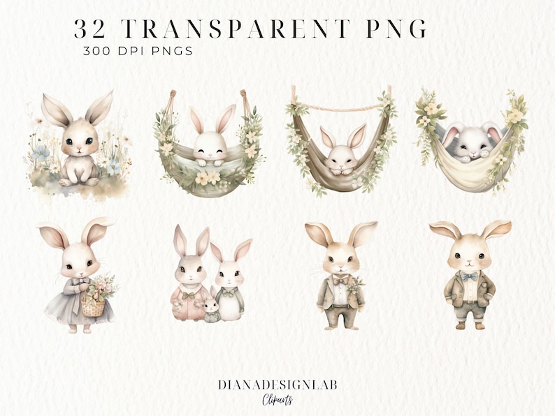 Watercolor Easter Bunny Clipart, Spring Clip Art, Holiday Cards, Easter ...