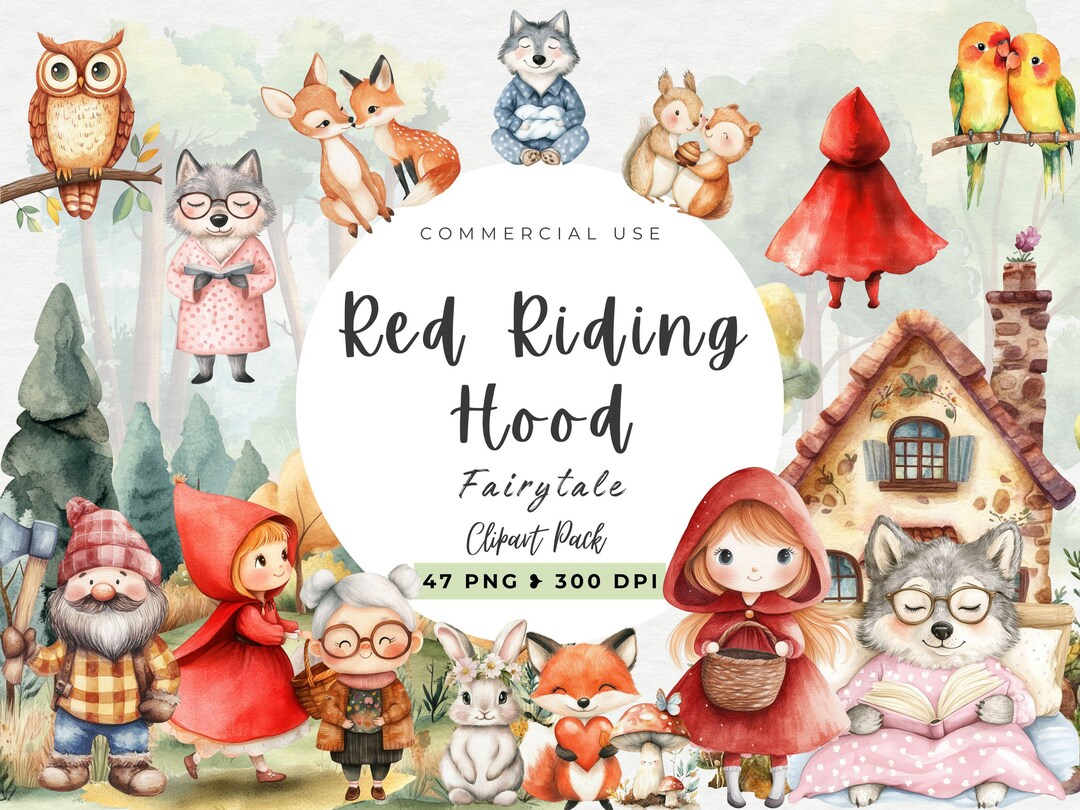 Little Red Riding Hood Clipart, Fairy Tale Clip Art, Woodland, Love ...