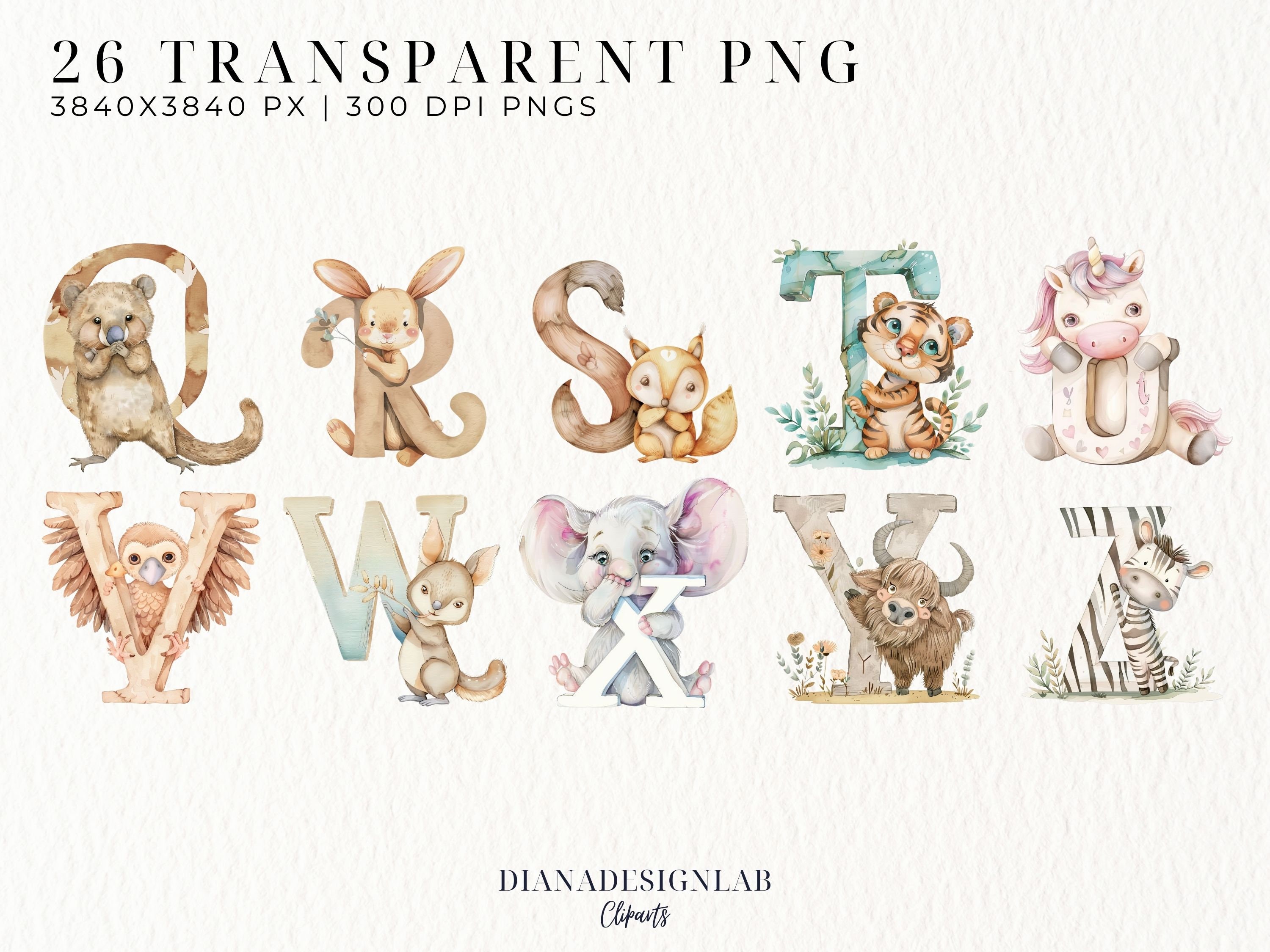 Watercolor Animal Alphabet Clipart, Commercial Use, Instant Download ...