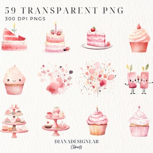 Watercolor Birthday Party Cake Present Balloons Clipart Bundle, Happy ...