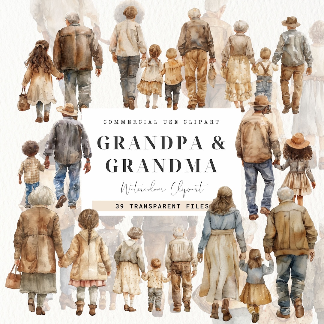 Grandmother and Grandchildren Watercolor Clipart, Grandpa and Grandson ...