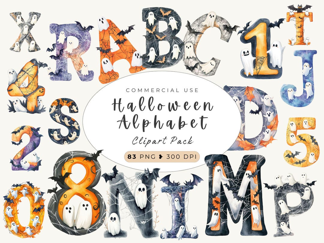 Halloween ABC Clipart, Watercolor Ghost, Bats, Pumpkin Letters Clipart ...