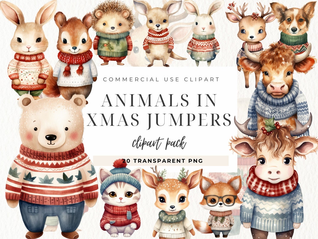 Animals in Sweaters Clipart, Watercolor Winter Holidays Png, Woodland ...
