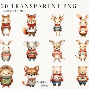 Animals in Sweaters Clipart, Watercolor Winter Holidays Png, Woodland ...