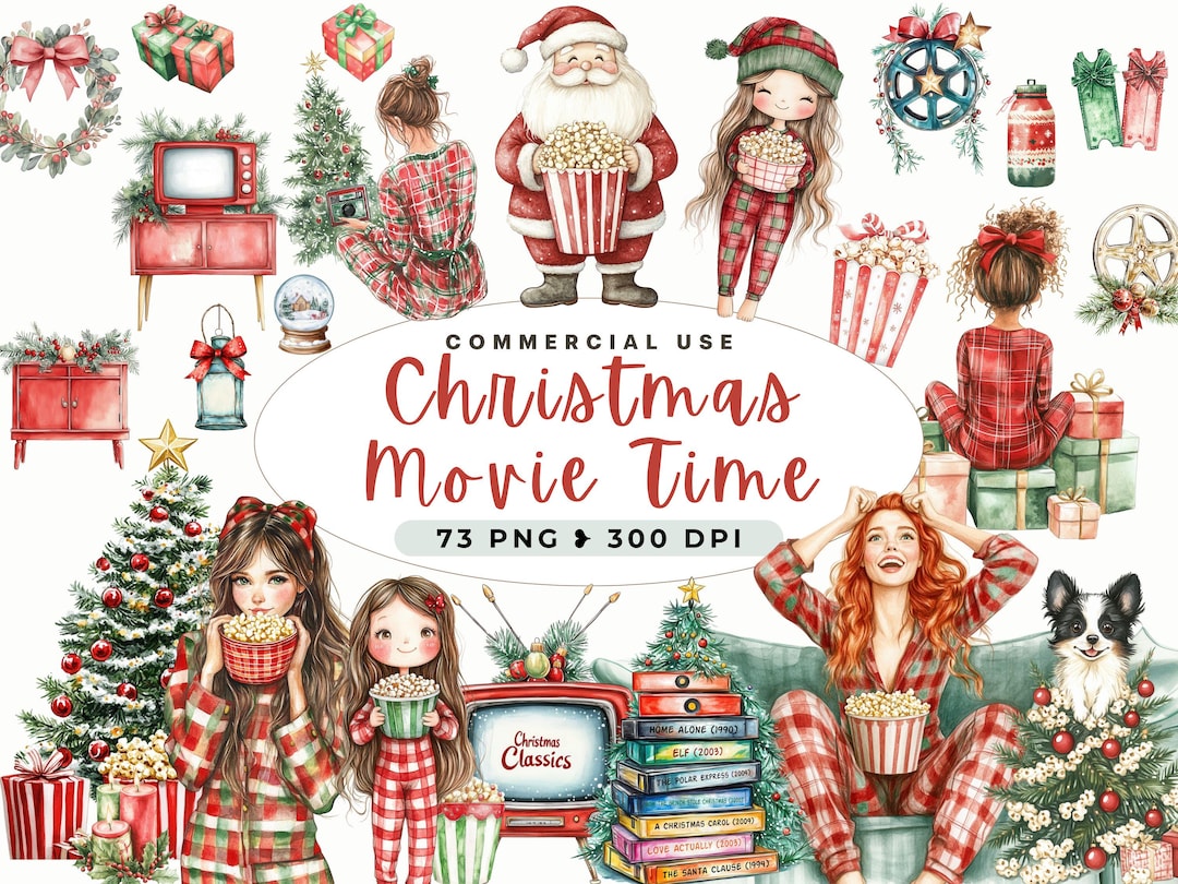 Christmas Movie Night Clipart, Hot Cocoa & Sweet Treats, Xmas Movies ...