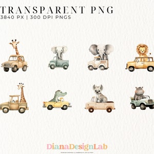 Safari Animals in a Jeep Clipart, Watercolor Baby Animals, Digital ...