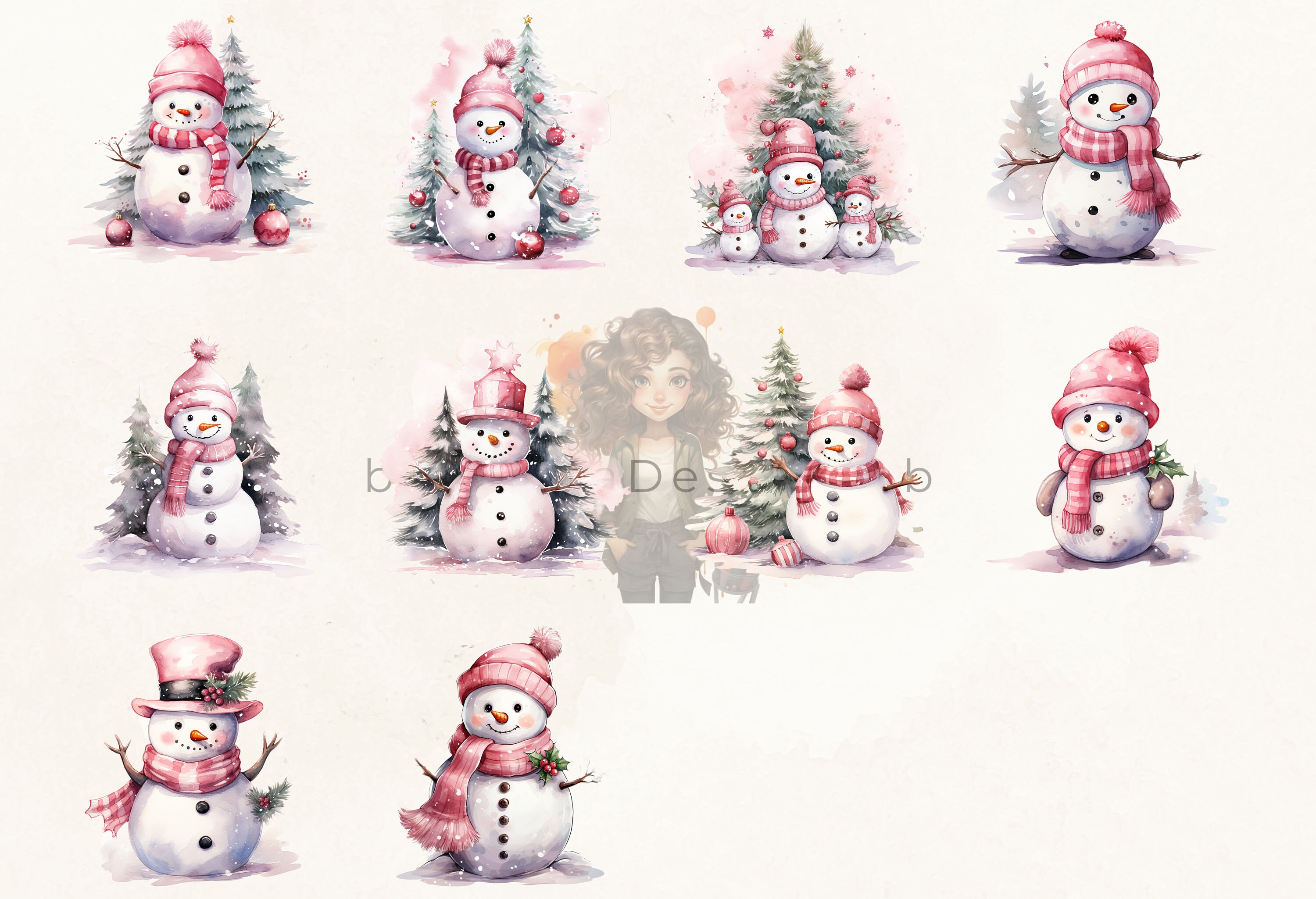 Cute Pink Watercolor Snowman Clipart, Winter Clipart, Cute Christmas ...