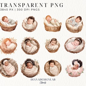 Baby in a Basket Clipart, Baby Girl Boy Clip Art, Commercial Use ...