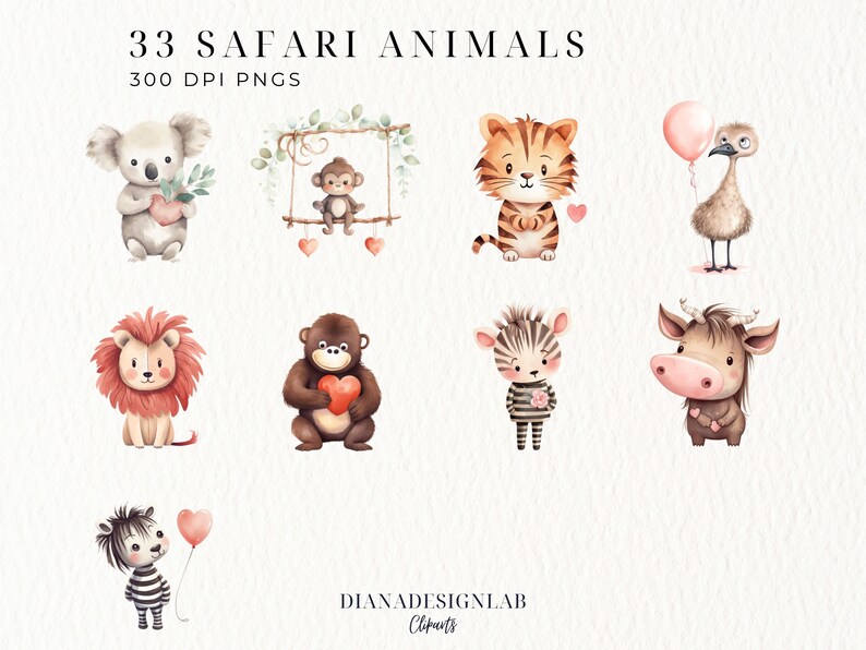 Safari Valentines Day Clipart, Baby Animals, Romantic Clip Art, Cute ...