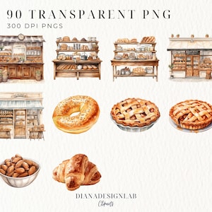 Watercolor Bakery Shop Clipart, Bread Baguettes French Croissants ...