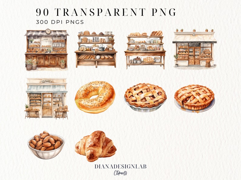 Watercolor Bakery Shop Clipart, Bread Baguettes French Croissants ...