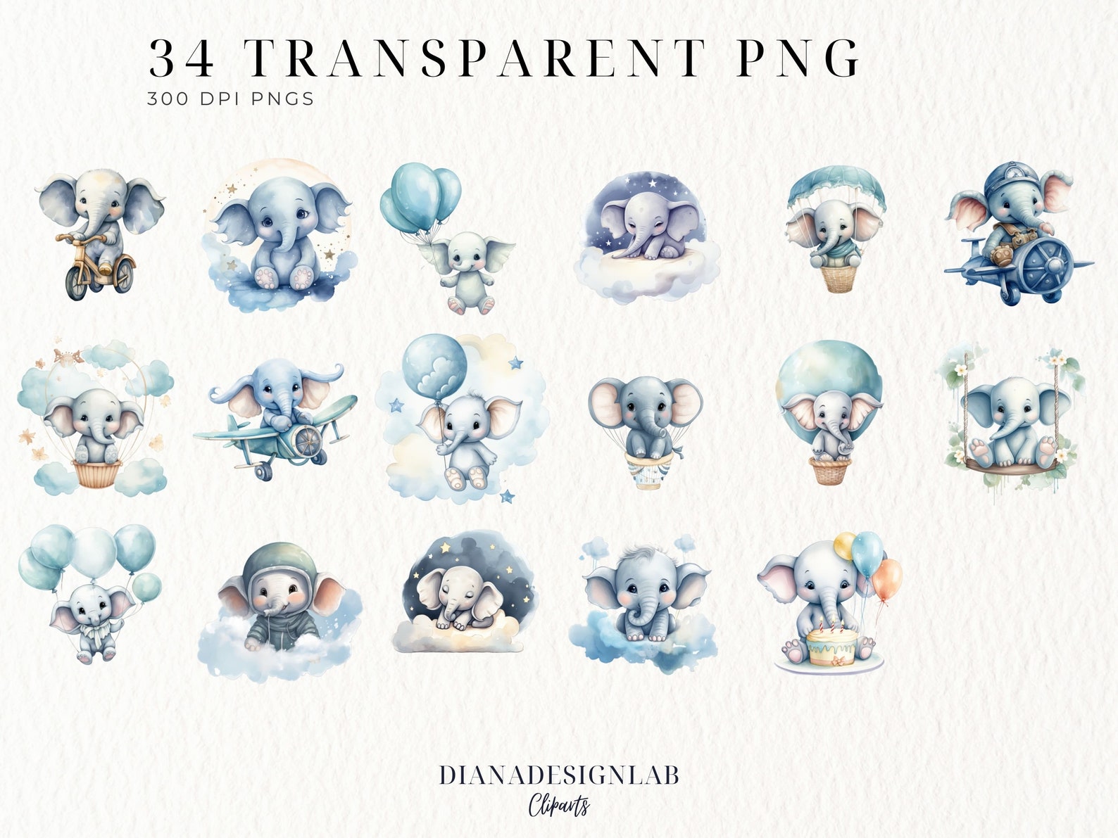 Baby Boy Elephant Clipart, Baby Shower, Cute Elephant With Ballons ...