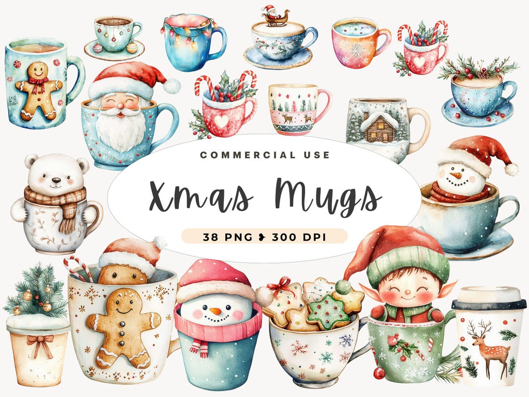 Christmas Coffee Cup Clipart, Watercolor Hot Chocolate Mug, Hot Cocoa ...