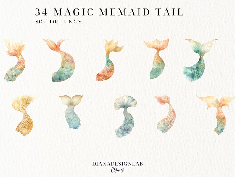 Watercolor Mermaid Tail Clipart Instant Download Pastel - Etsy