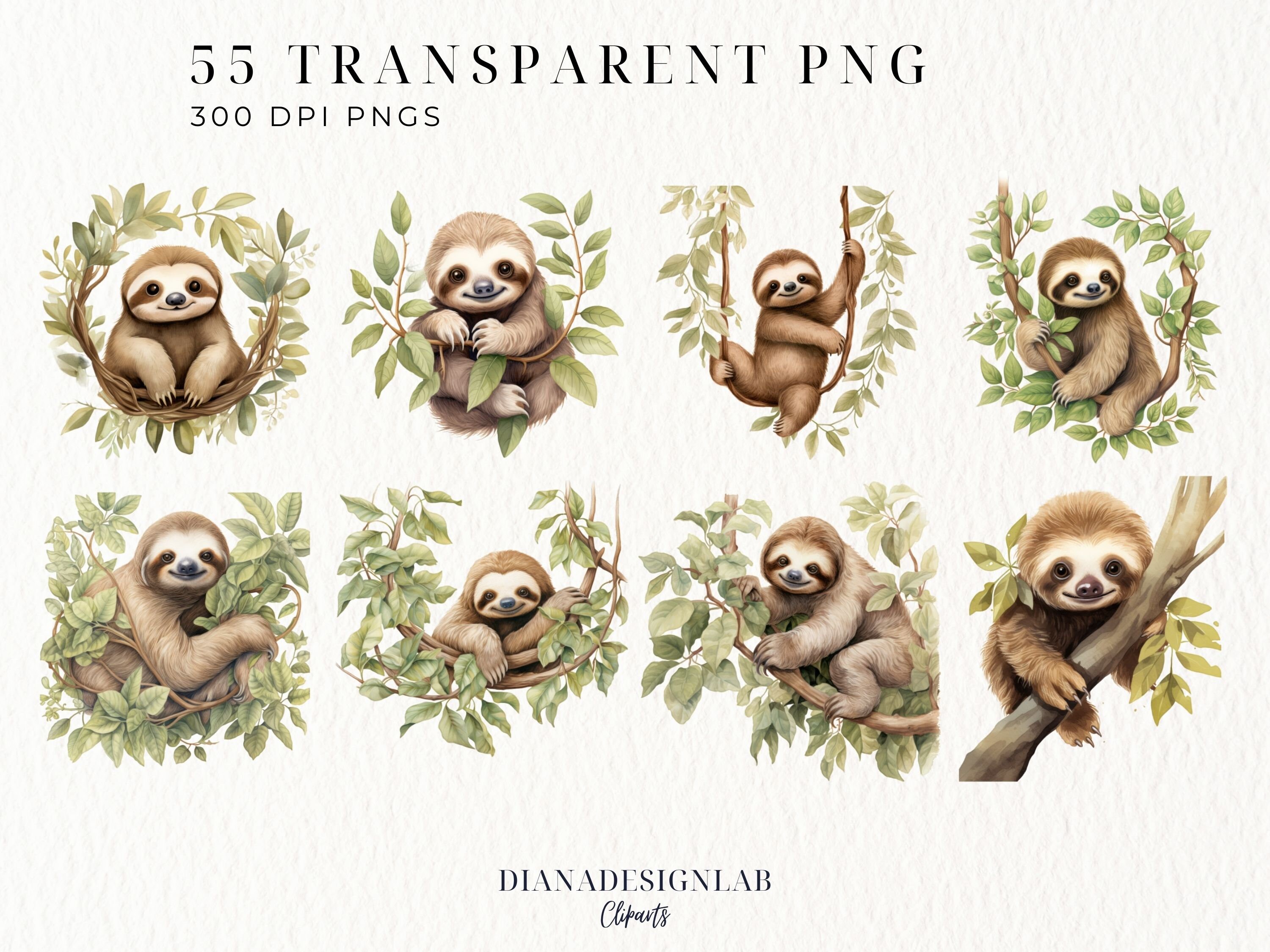 Sloth Clipart, Watercolor Baby Sloth, Realistic Art, Mother and Son ...