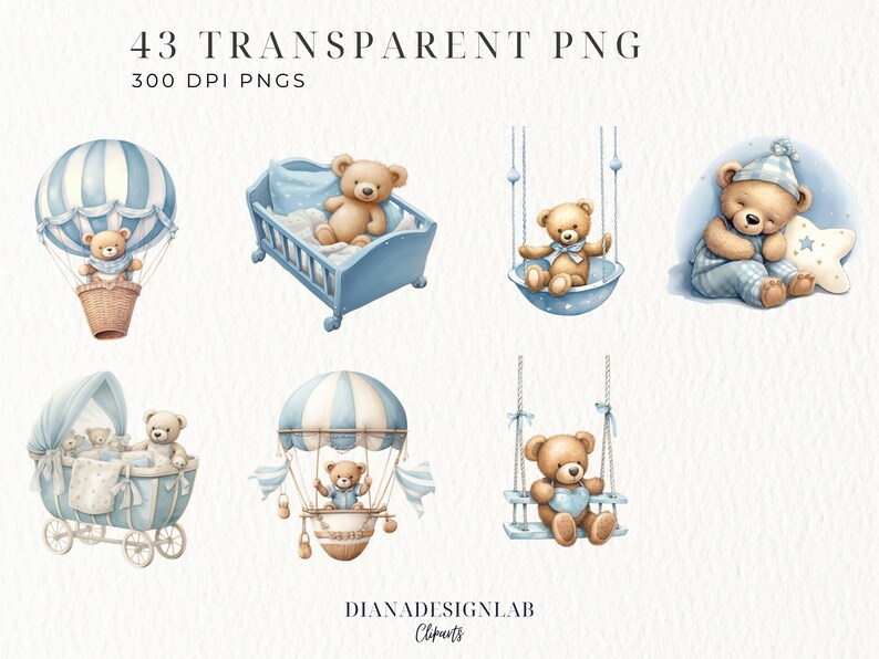 Watercolor Sleepy Teddy Bear Clipart, Baby Shower, Boho Cute Teddy Bear ...