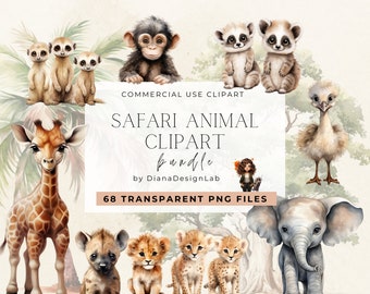 Cute Safari Animals Clipart Watercolor, Clipart for Commercial Use ...