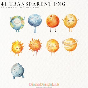 Funny Space Clipart, Watercolor Cute Planets, Solar System, Galaxy Clip ...