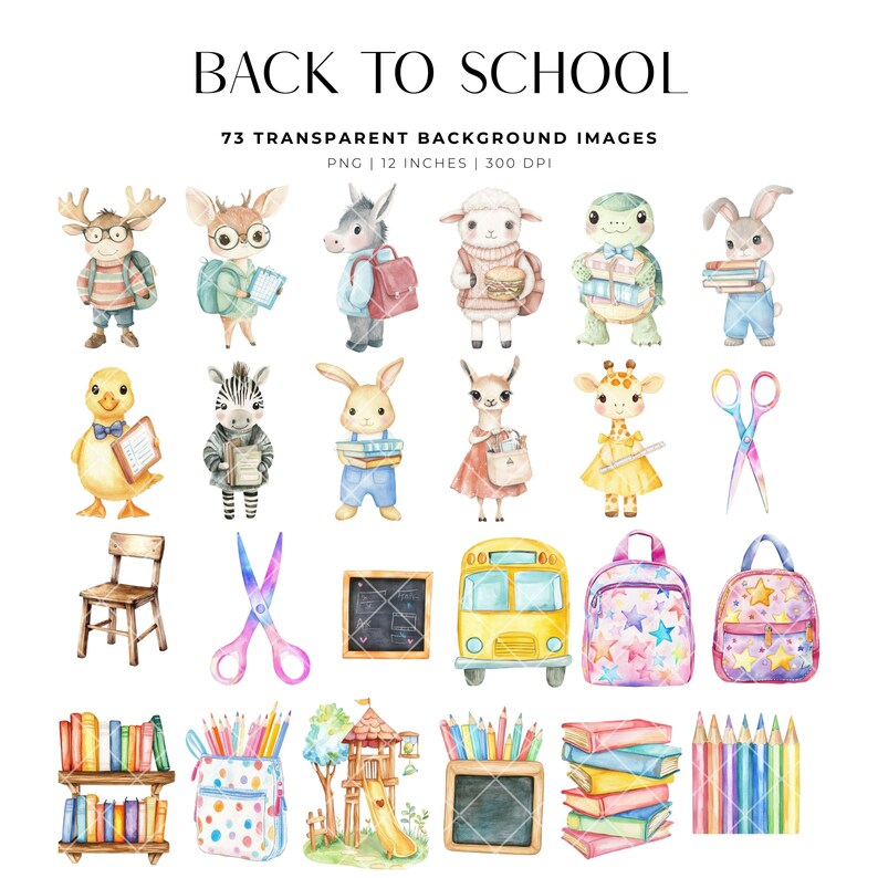 Back to School Animal Clipart Bundle – 73 PNG, Watercolor, School ...