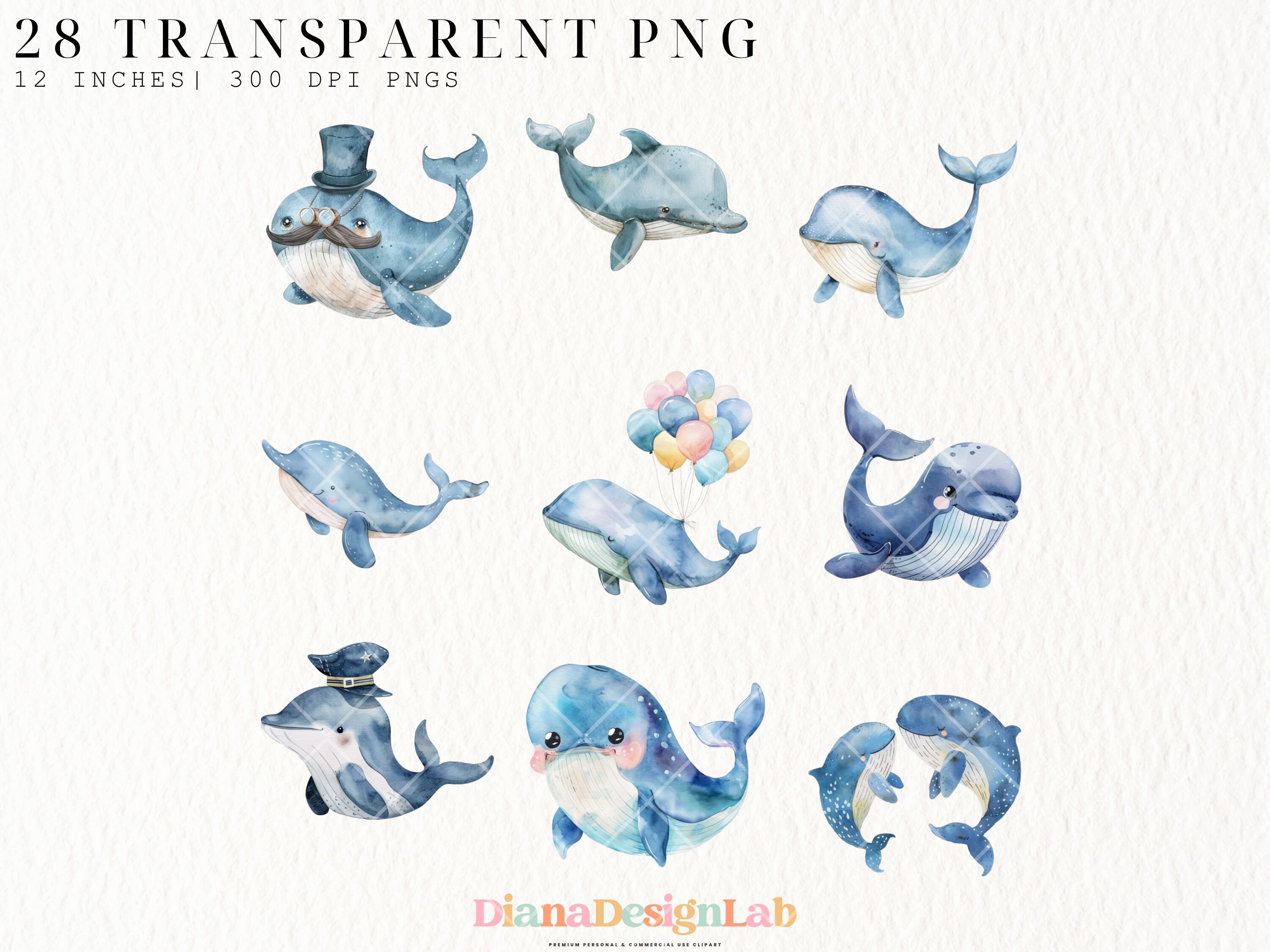 Watercolor Clipart Whale, Baby Wall Art, Instant Download, Commercial ...
