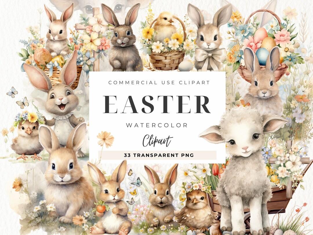 Watercolor Easter Clipart Bundle, Easter Bunny, Eggs Floral Baskets ...