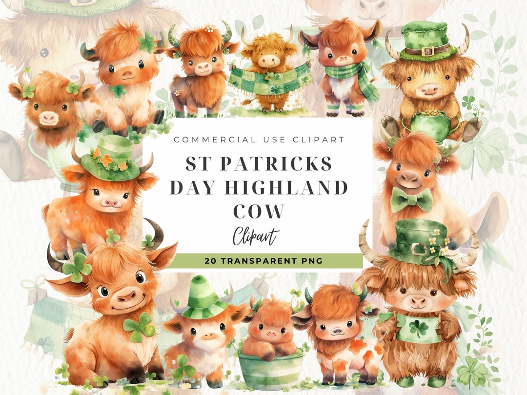 Watercolor St Patricks Day Highland Cow Clipart, Commercial Use, Clover ...